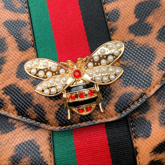 Bags | Leopard Print Bee Faux Leather Crossbody | Poshmark